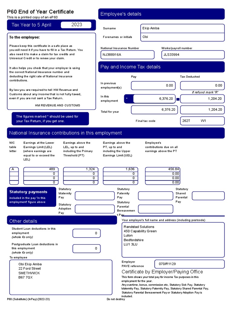 P60 End of Year Certificate 2022-23 | PDF