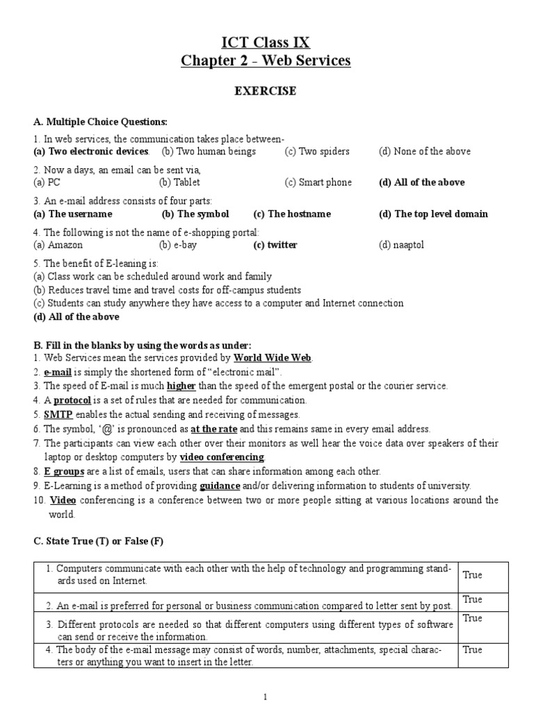 ICT Class IX Chapter 2 - Web Services: Exercise | PDF | Internet ...