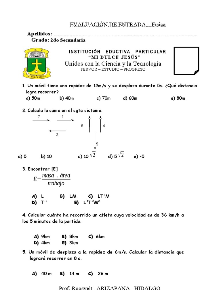 Examen de Entr - Física 2do Sec | PDF