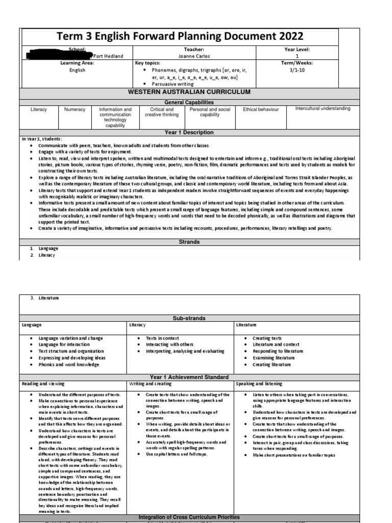 Sample - English Forward Planning Document | PDF | Language Arts & Discipline
