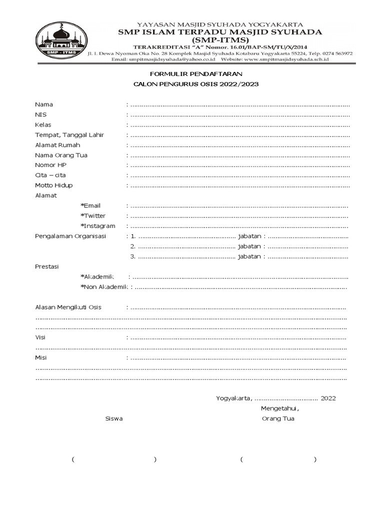 Formulir Pendaftaran Osis 2022 2023 | PDF