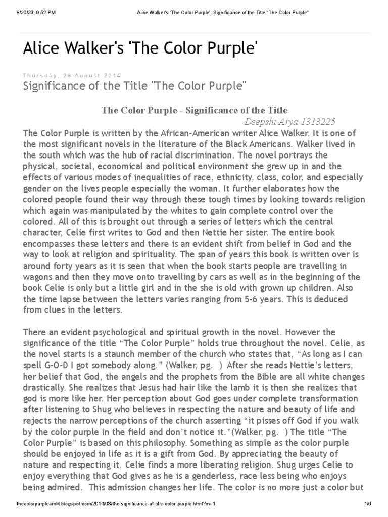 Alice Walker's 'The Color Purple' - Significance of The Title - The ...