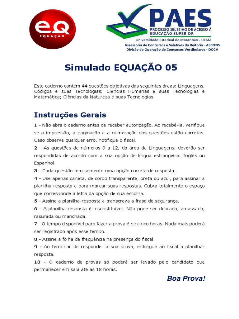 Simulado 05 - Paes Uema PDF | PDF