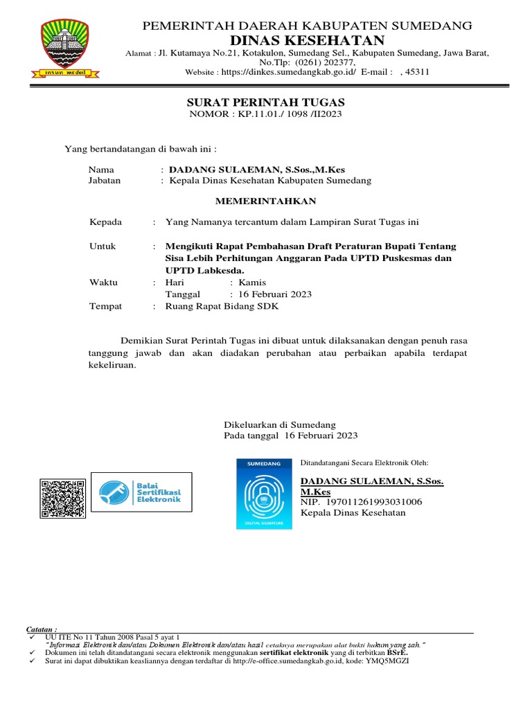 Surat Tugas Kapus Pembahasan Draf Perbup | PDF