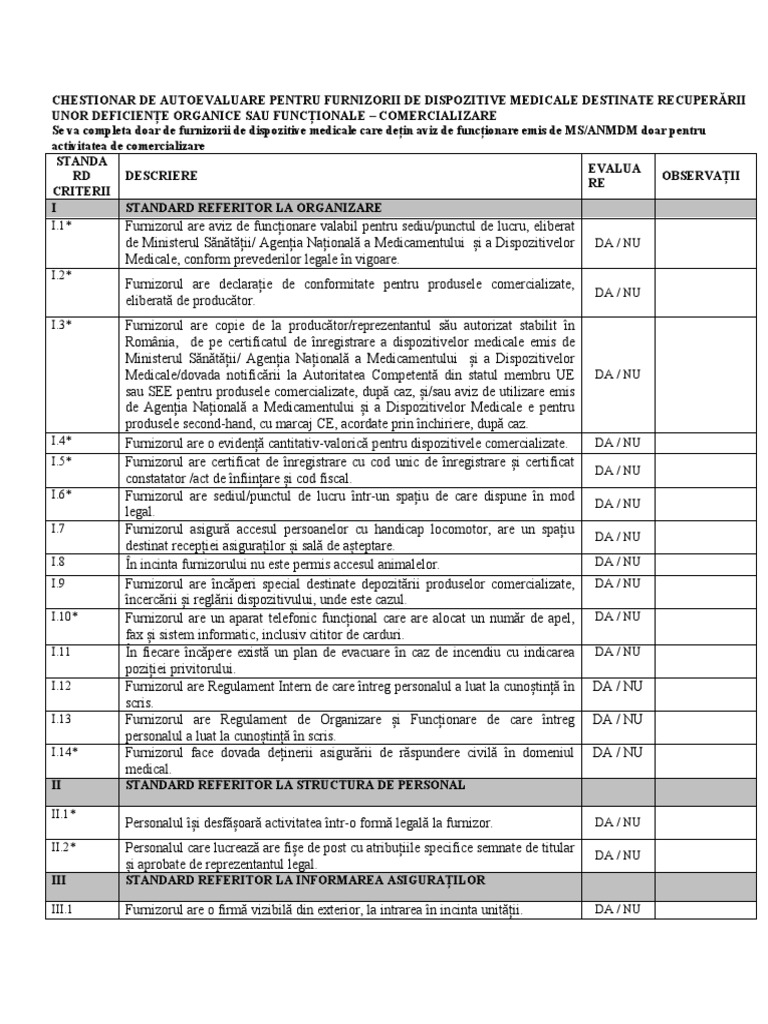 Chestionar de Autoevaluare - Dispozitive Medicale - Comercializare | PDF