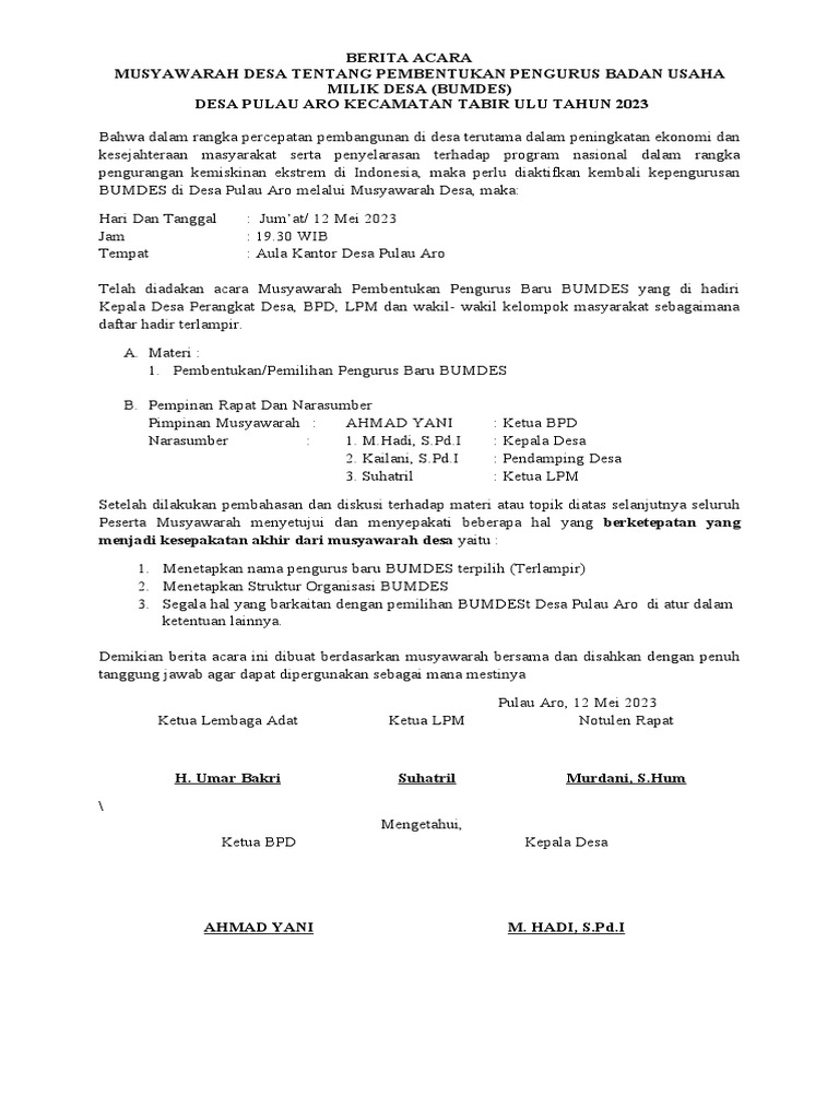BERITA ACARA Pemilihan BUMDES | PDF