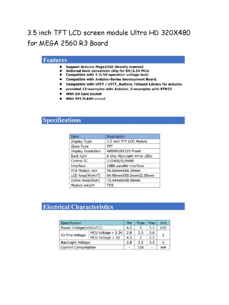 3.5 Inch TFT LCD Screen Module Ultra HD 320X480 For Arduino MEGA 2560 ...
