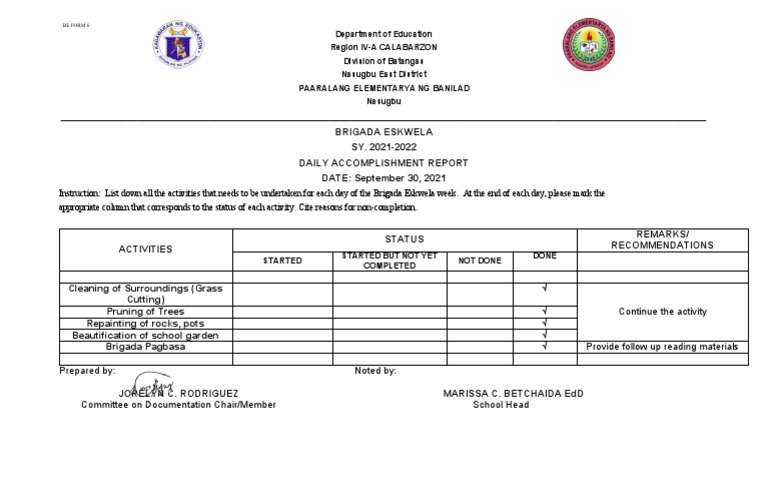 Brigada Eskwela Form 6 Daily Accomplishment Report | PDF | Botany ...