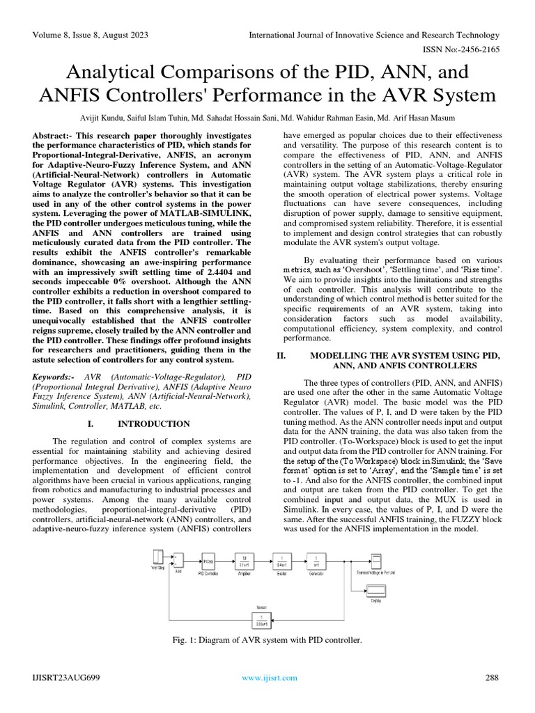 Analytical Comparisons of The PID, ANN, and ANFIS Controllers' Performance in The AVR System | PDF