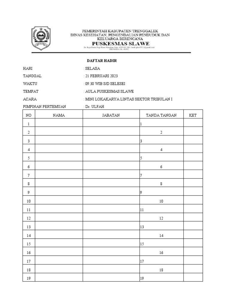 Form Daftar Hadir Pertemuan Atau Rapat | PDF