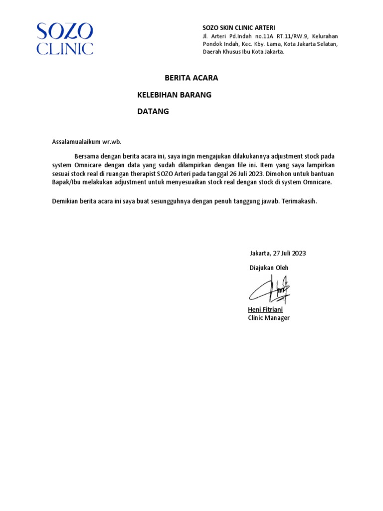 Berita Acara Adjustment Stok Sozo Arteri | PDF