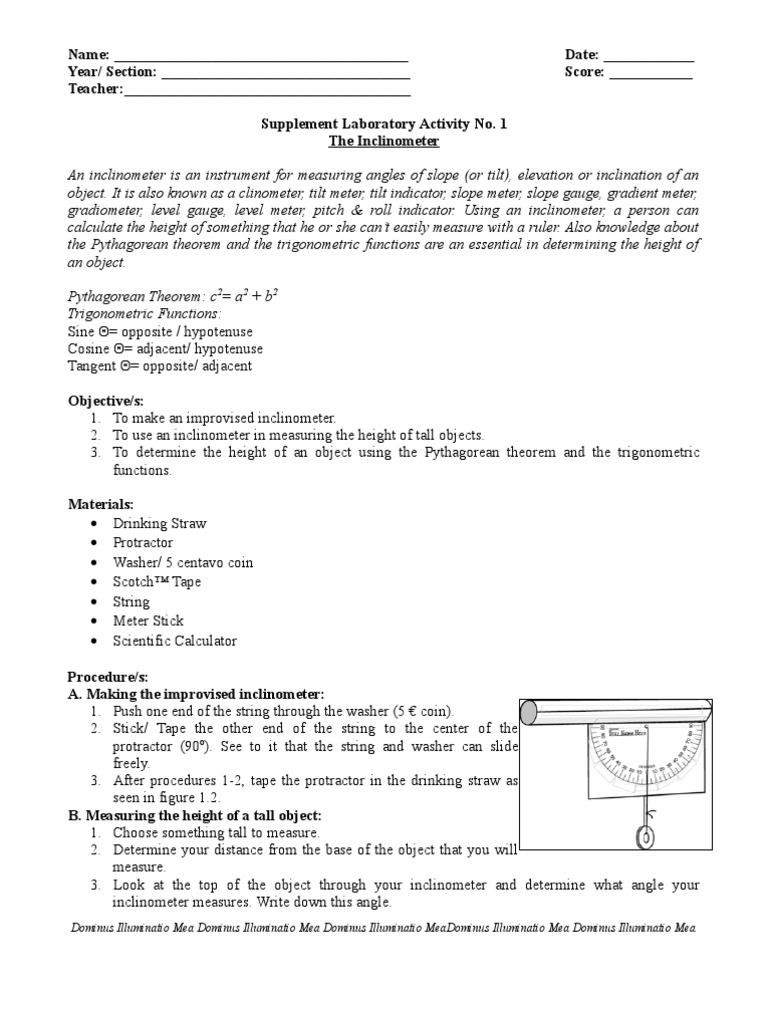 Inclinometer Lab Activity Guide | PDF | Trigonometric Functions ...