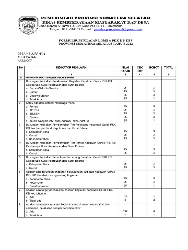format penilaian LOMBA PKK KB KES | PDF