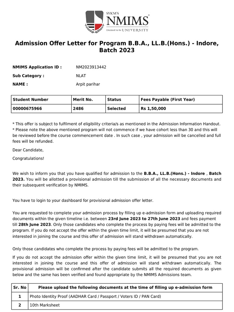 Offer Letter NM2023913442 | PDF | Receipt