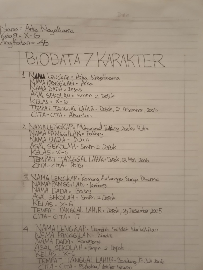 Biodata 7 Karakter | PDF