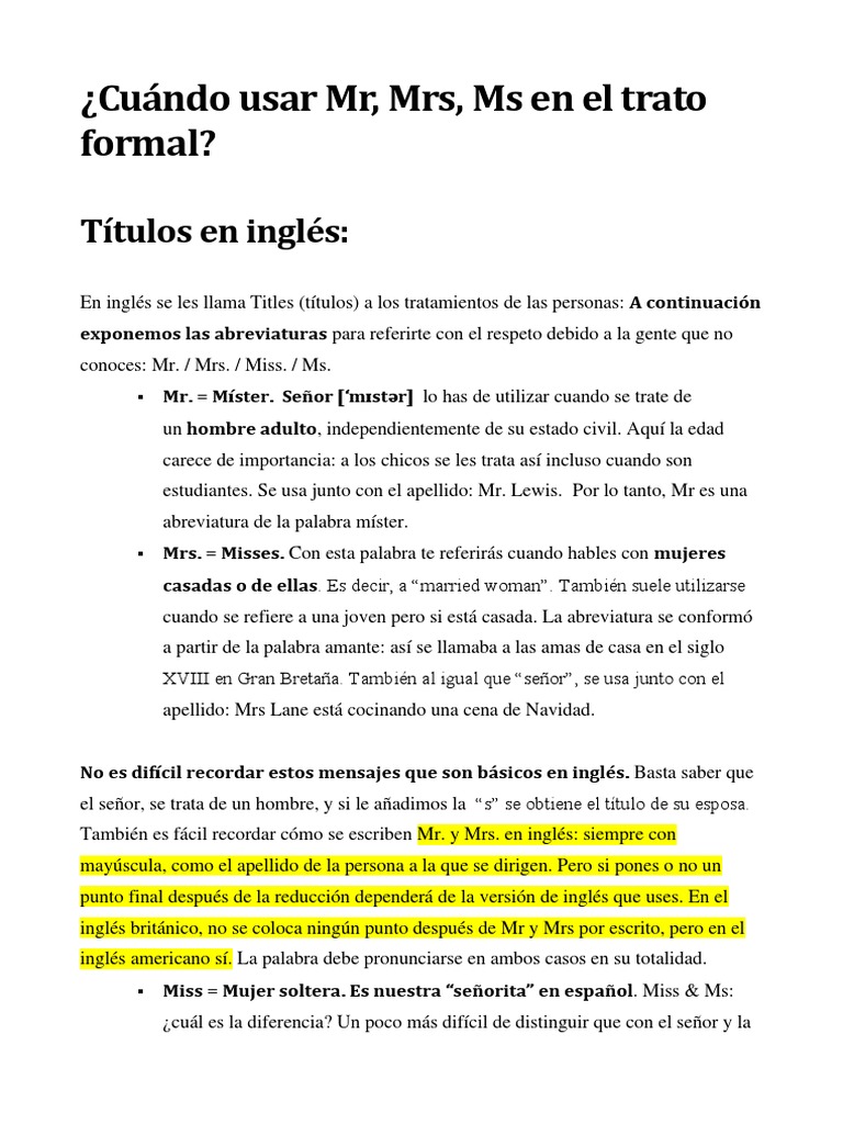 Cuándo Usar MR Mrs Mss - Titulos de Cortesia en Inglés | PDF