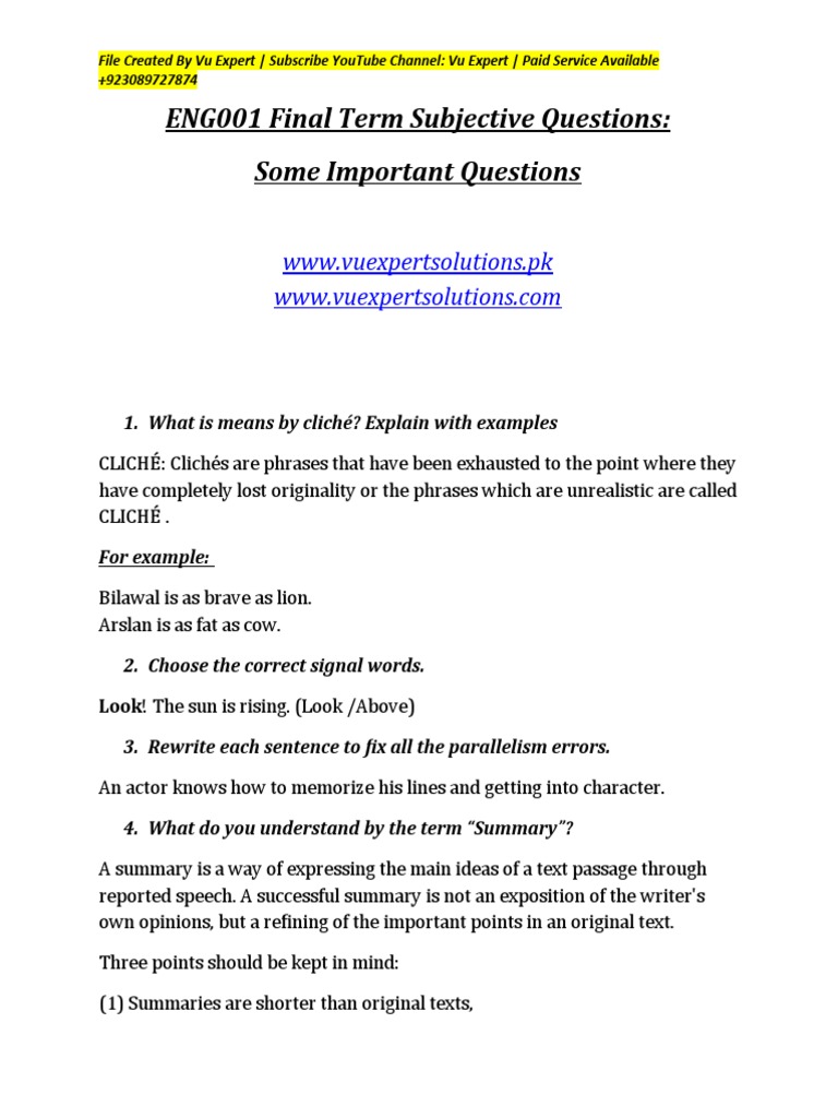ENG001 Final Term Questions Guide | PDF | Semantic Units | Human ...