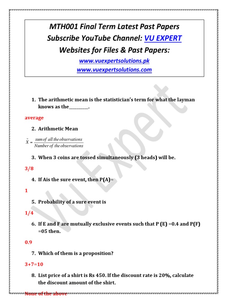 Mth001 Final Term by Vu Expert Solutions | PDF | Mean | Matrix ... Mth001 Final Term by Vu Expert Solutions | PDF | Mean | Matrix ...