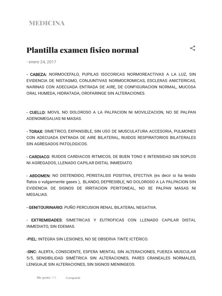 Plantilla Examen Fisico Normal | PDF