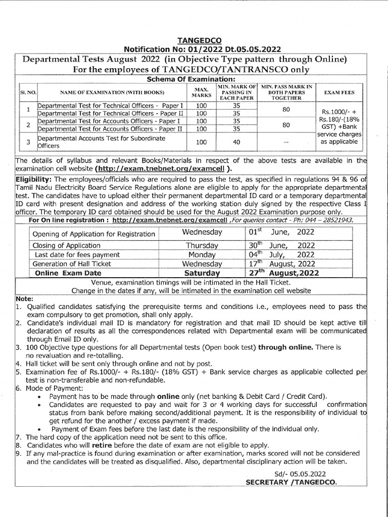 Notification August 2022 Dept Exam | PDF