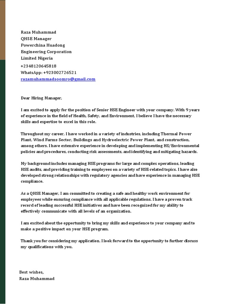 Cover Letter Format Senior HSE Engineer | PDF