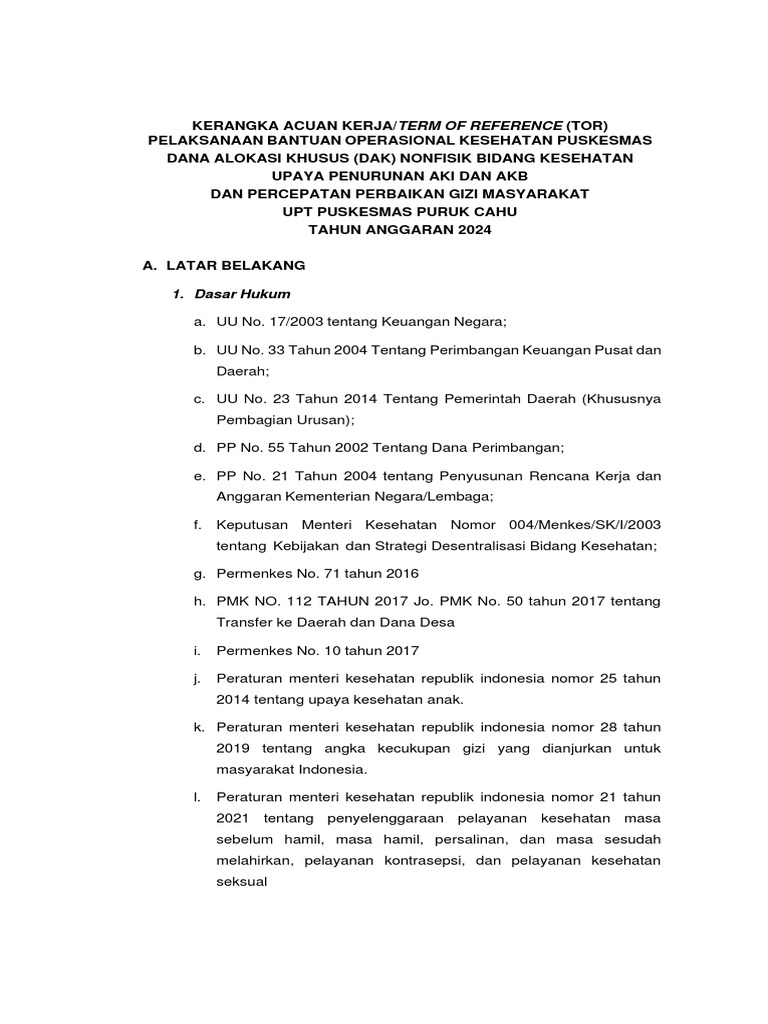 TOR Penurunan AKI Dan AKB Dan Percepatan Perbaikan Gizi Masyarakat UPT. Puskesmas Puruk Cahu ...