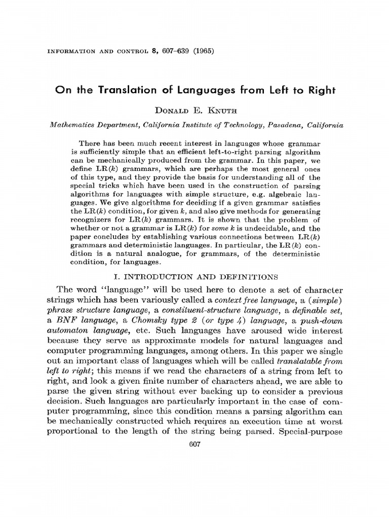 On The Translation of Languages From Left To Right | PDF | Parsing ...