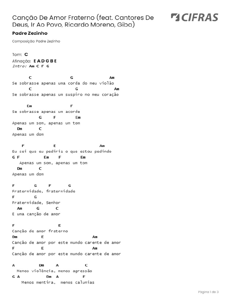 CIFRAS - Cifra - Padre Zezinho - Cancao de Amor Fraterno Feat Cantores de Deus Ir Ao Povo ...