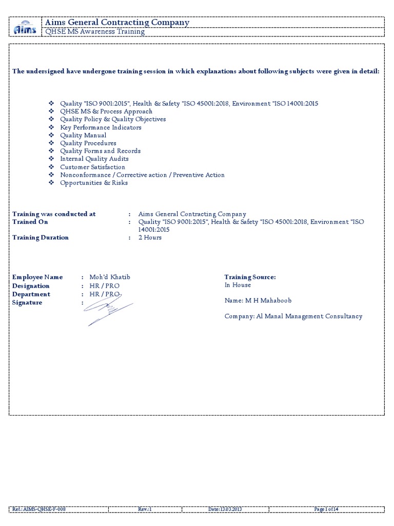QHSE-F-008 QMS Awareness Training Records | PDF | Iso 9000 ...