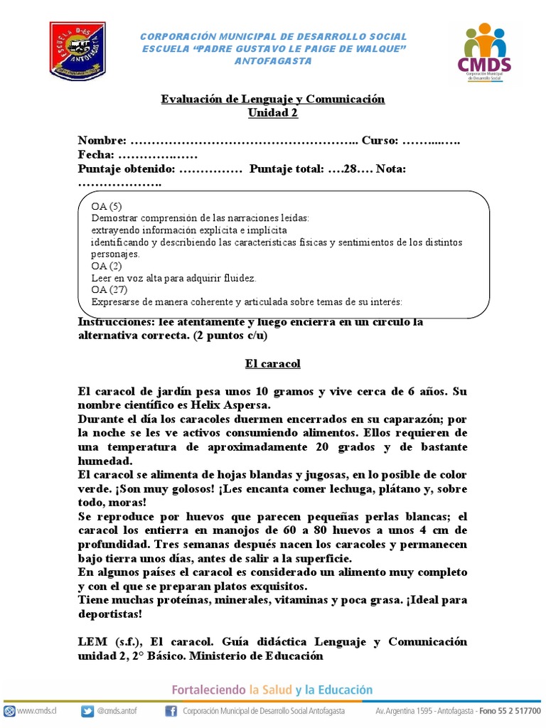 Evaluación Lenguaje Unidad 2 | PDF