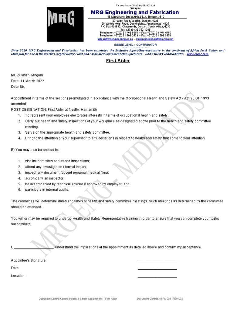 MRG Engineering First Aider Appointment | PDF | Occupational Safety And ...