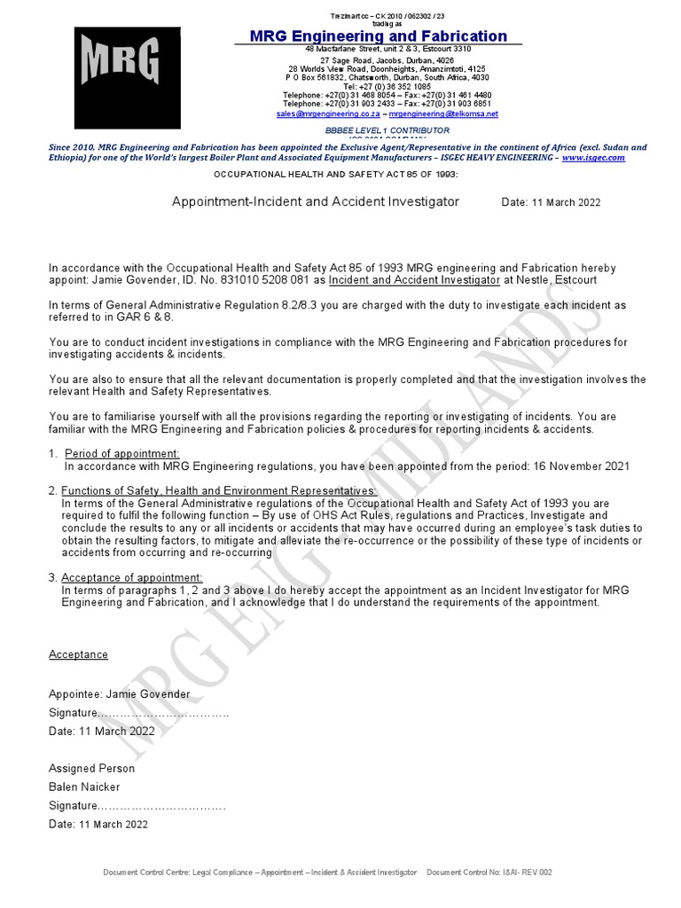MRG Engineering Safety Appointment | PDF | Science & Mathematics | Computers