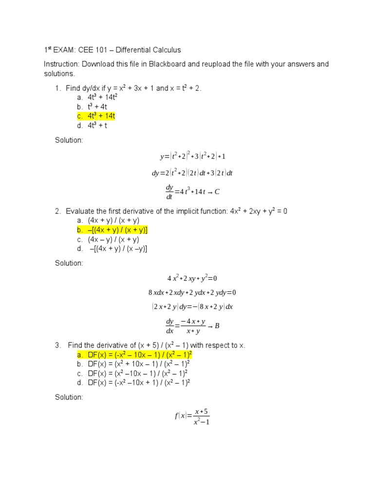 Differential Calculus Exam Questions | PDF