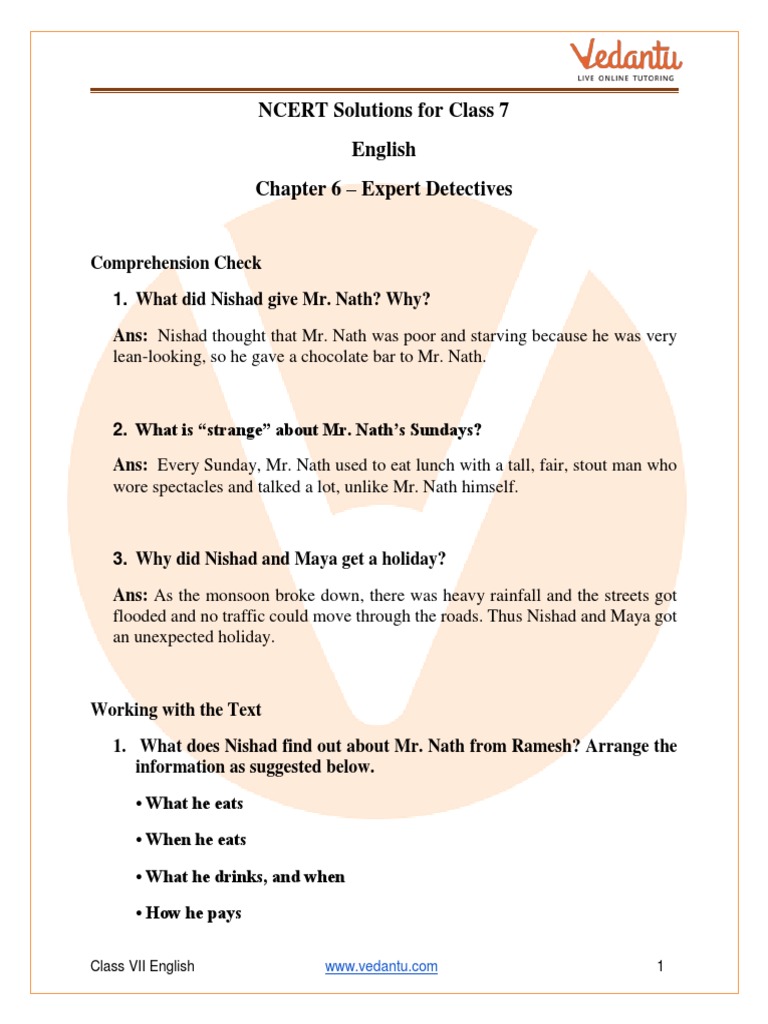 NCERT Solutions For Class 7 English Honeycomb Chapter 6 - Expert Detectives | PDF