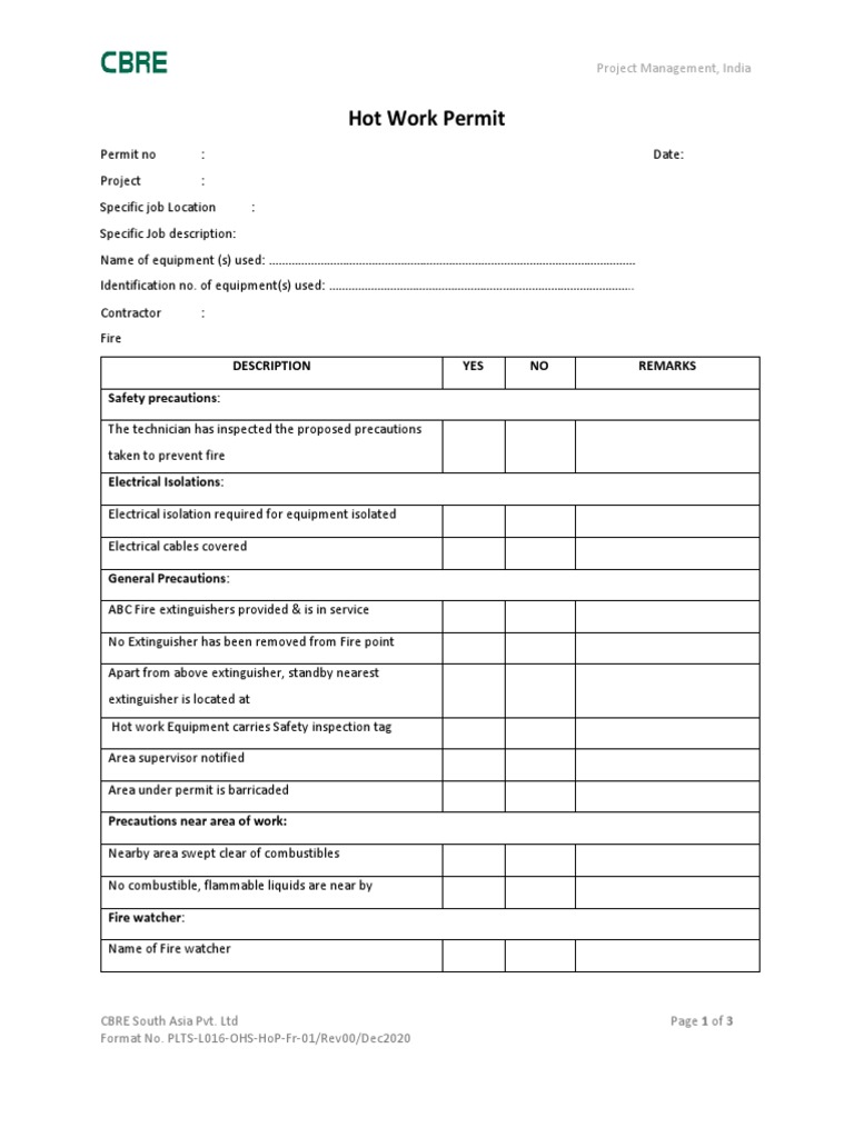 L016-OHSE Hot Work Permit Format | PDF | Fires | Occupational Safety ...