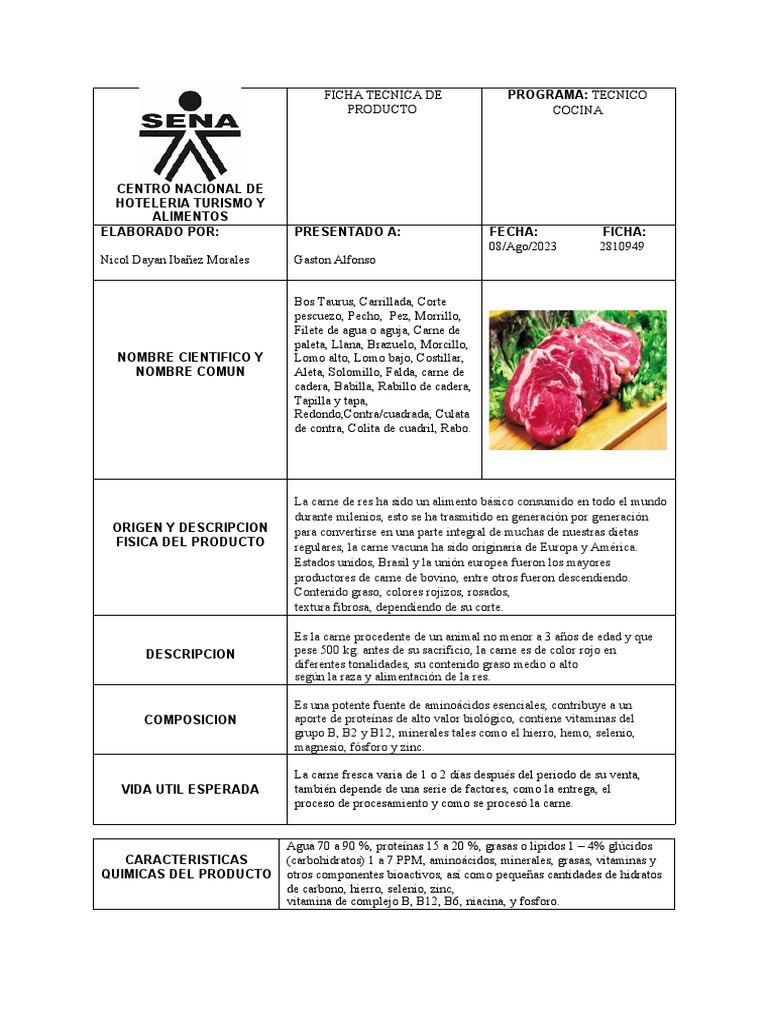 Ficha Tecnica N.I (1) Carne de Res Nicol | PDF | Carne | Carne de vaca