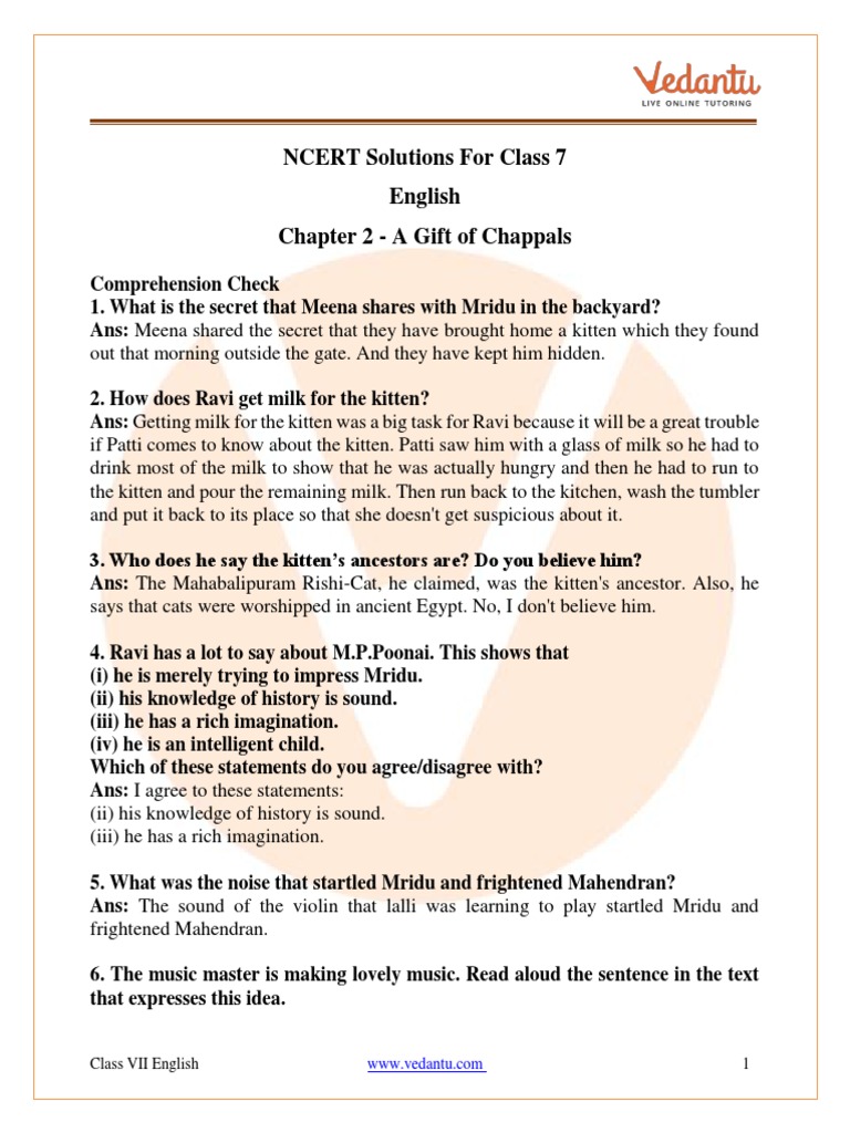 NCERT Solutions for Class 7th English Chapter 2 A Gift of Chappals | PDF