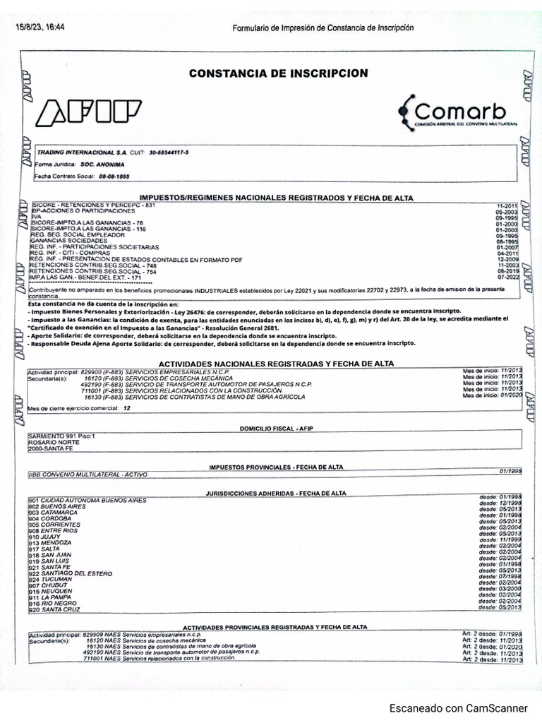 TRADING INTERNACIONAL S.A. - Constancia Inscripción AFIP | PDF