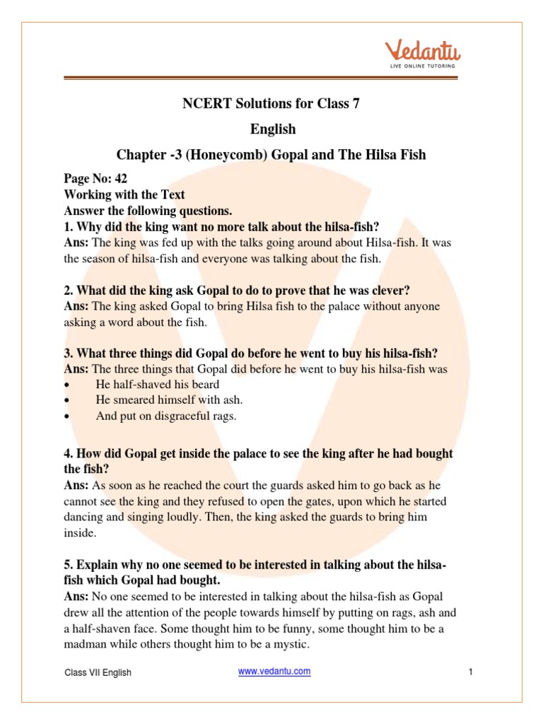 NCERT Solutions For Class 7 English Honeycomb Chapter 3 - Gopal and The Hilsa Fish | PDF | Deer