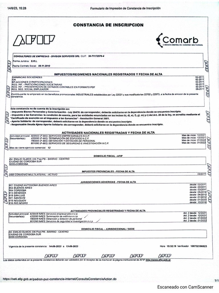 CONSULTORES DE EMPRESAS - Constancia de Inscripción AFIP y Certificado ...