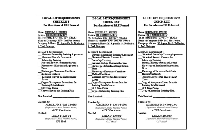 Pre OJT Requirements Checklist | PDF