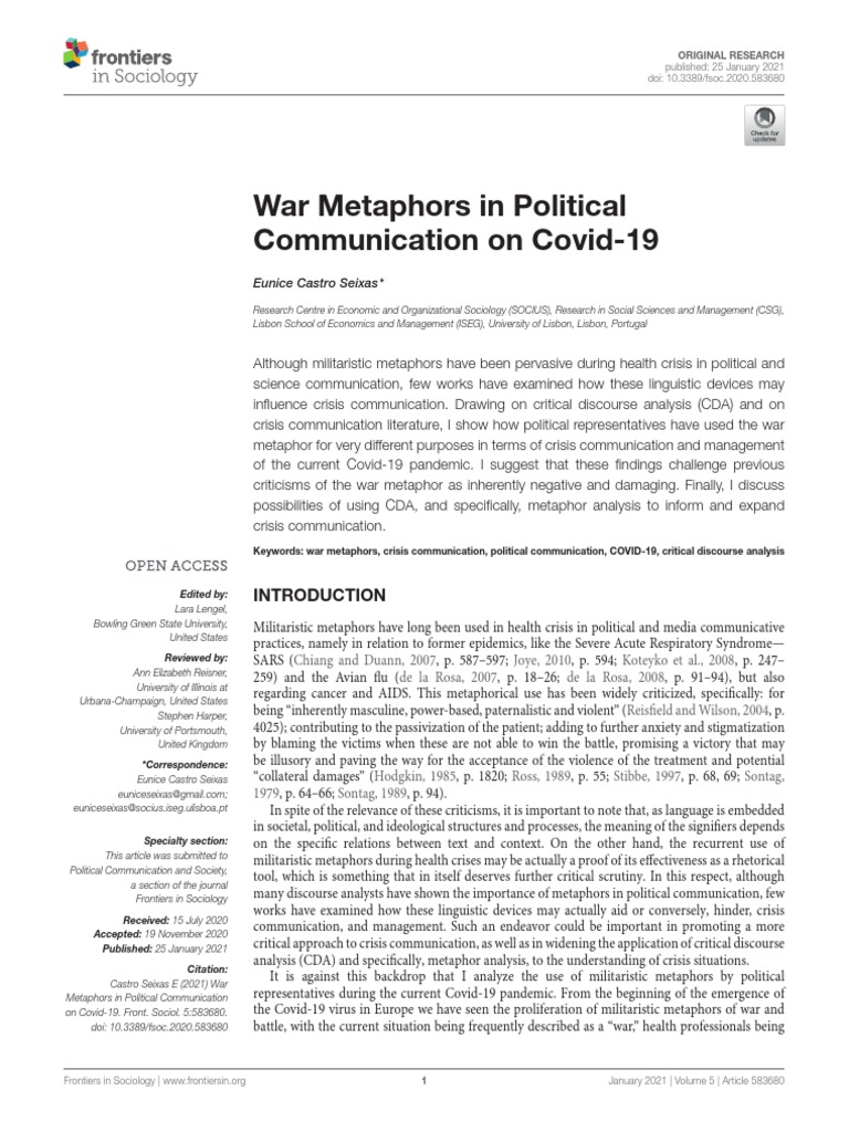 War Metaphors in Political Communication On Covid-19 | PDF ...
