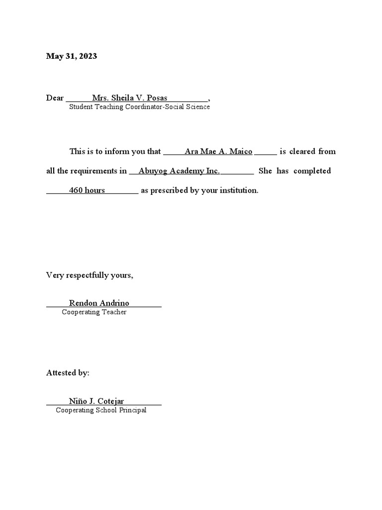 Student Teaching Completion Letters | PDF