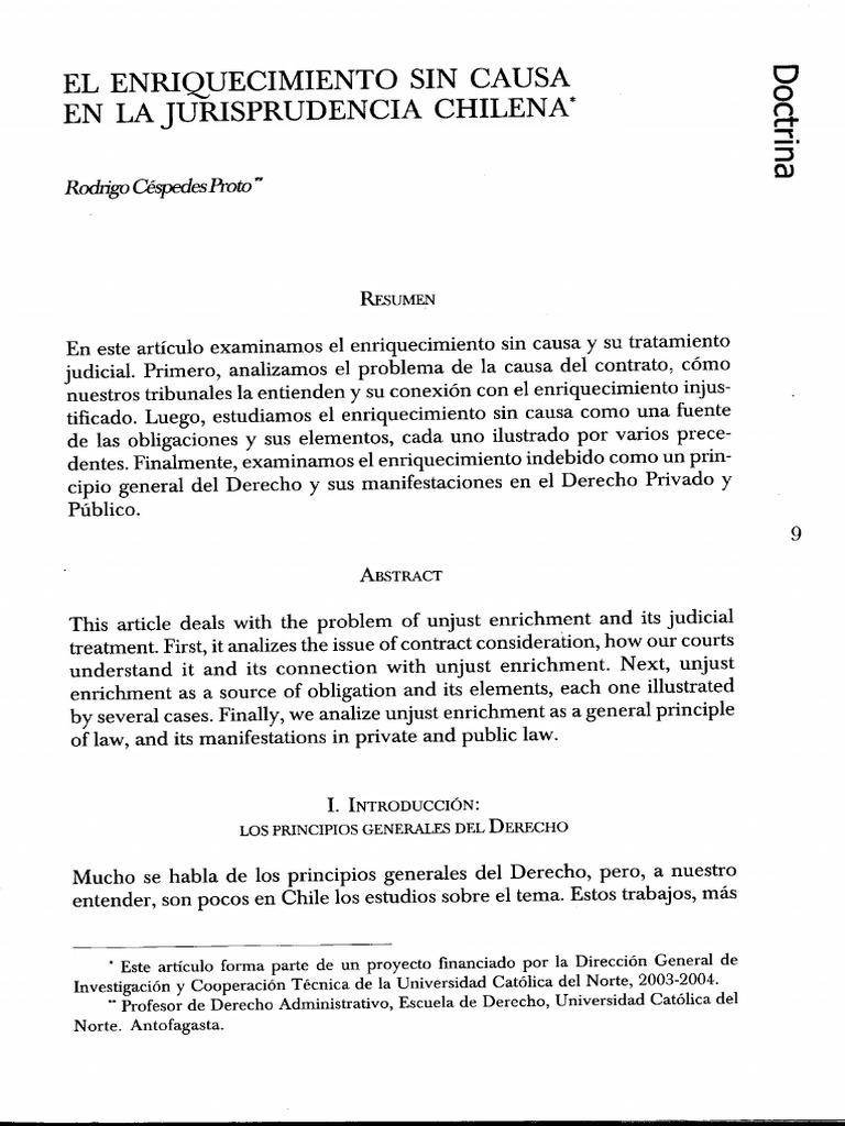 El Enriquecimiento Sin Causa en La Jurisprudencia Chilena. Rodrigo Céspedes Proto | PDF