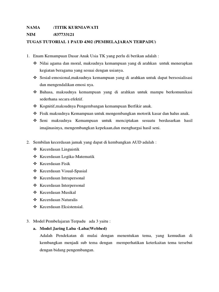 Tugas Tutorial 1 Paud 4302 | PDF