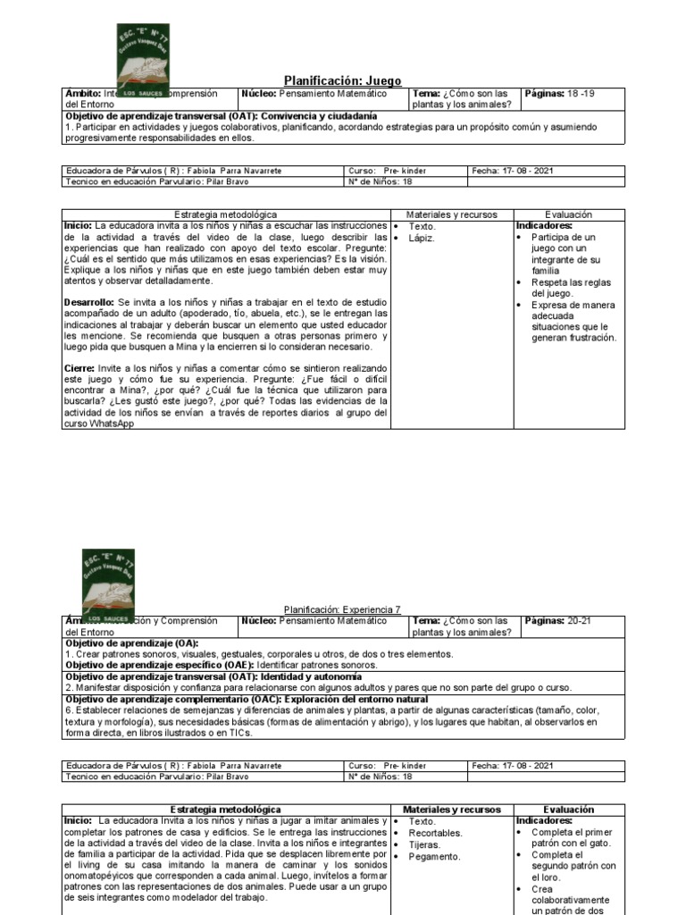 Planificación de experiencias matematica Pre- Kinder 2021 | PDF