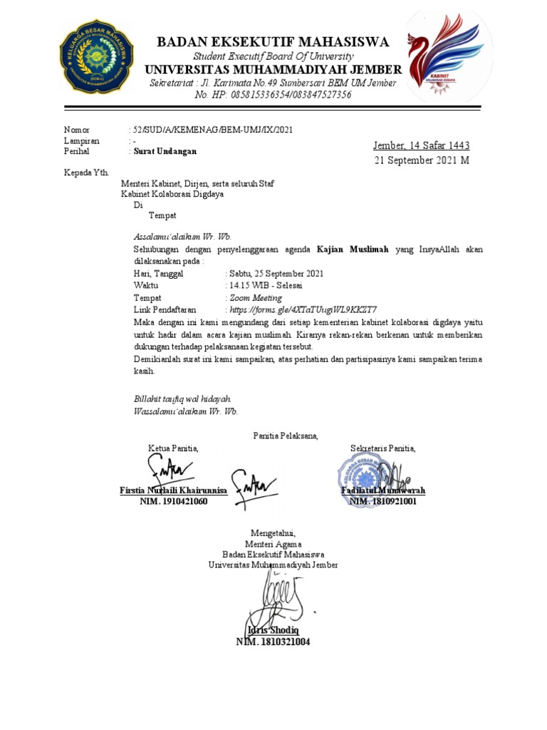 52 - Surat Undangan kajian muslimah BEM-U (1) | PDF