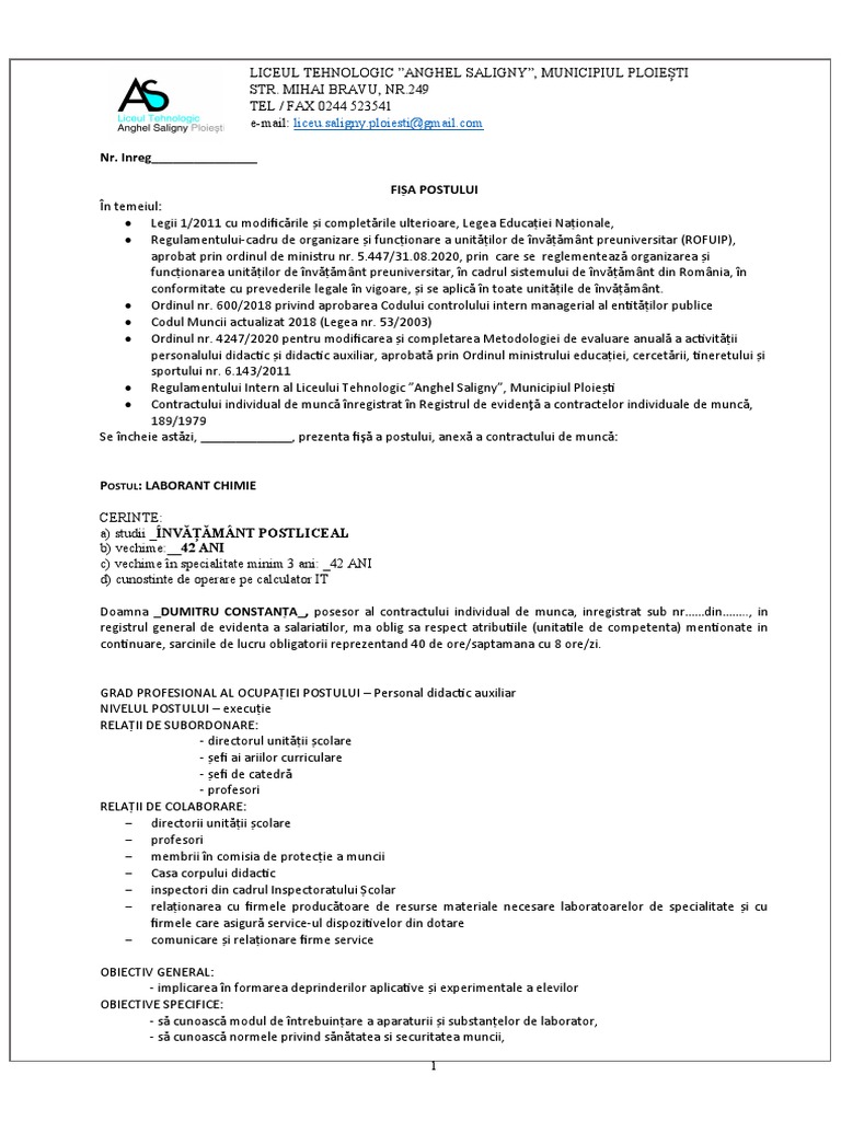 3 - Fisa - Post - Laborant Chimie | PDF