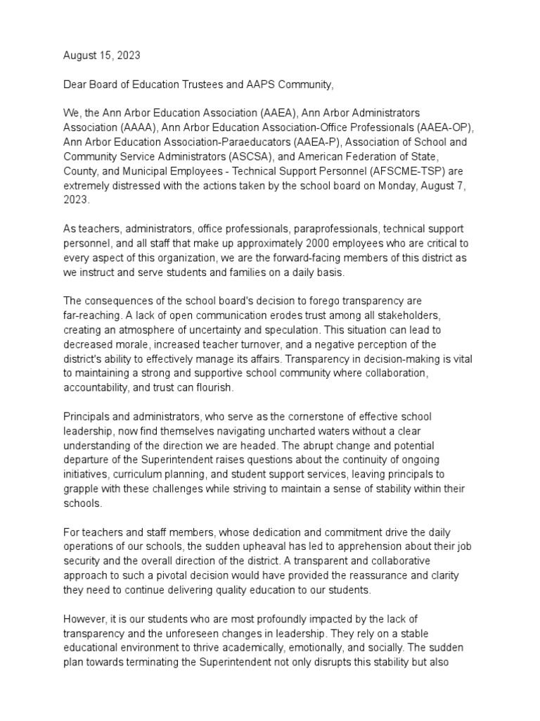 August 15, 2023 Letter From Multiple AAPS Employee Groups To The BOE ... August 15, 2023 Letter From Multiple AAPS Employee Groups To The BOE ...