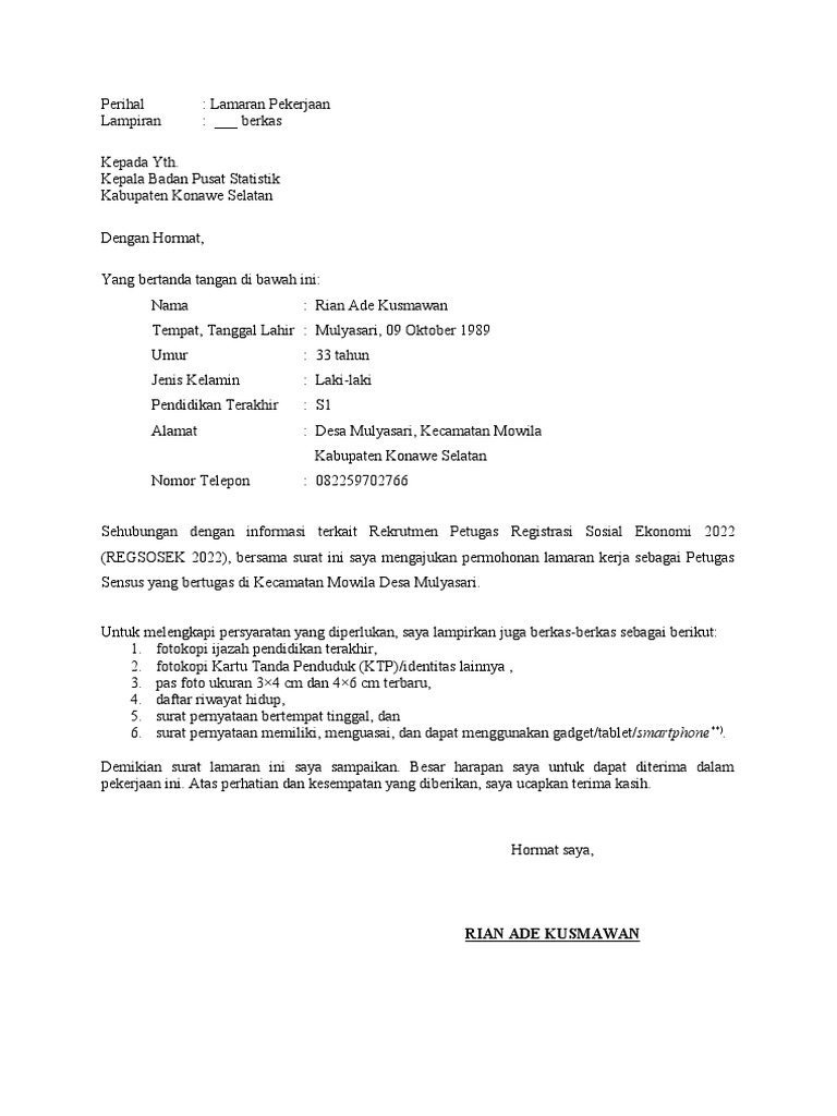 Surat Lamaran Rian | PDF